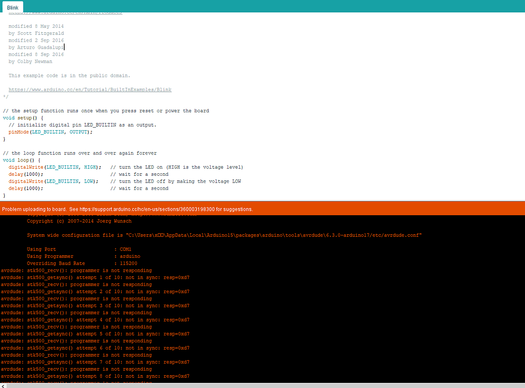 Ошибка avrdude: stk500_recv(): ... stk500_getsync() ... при загрузке скетча на плату Arduino Uno ...